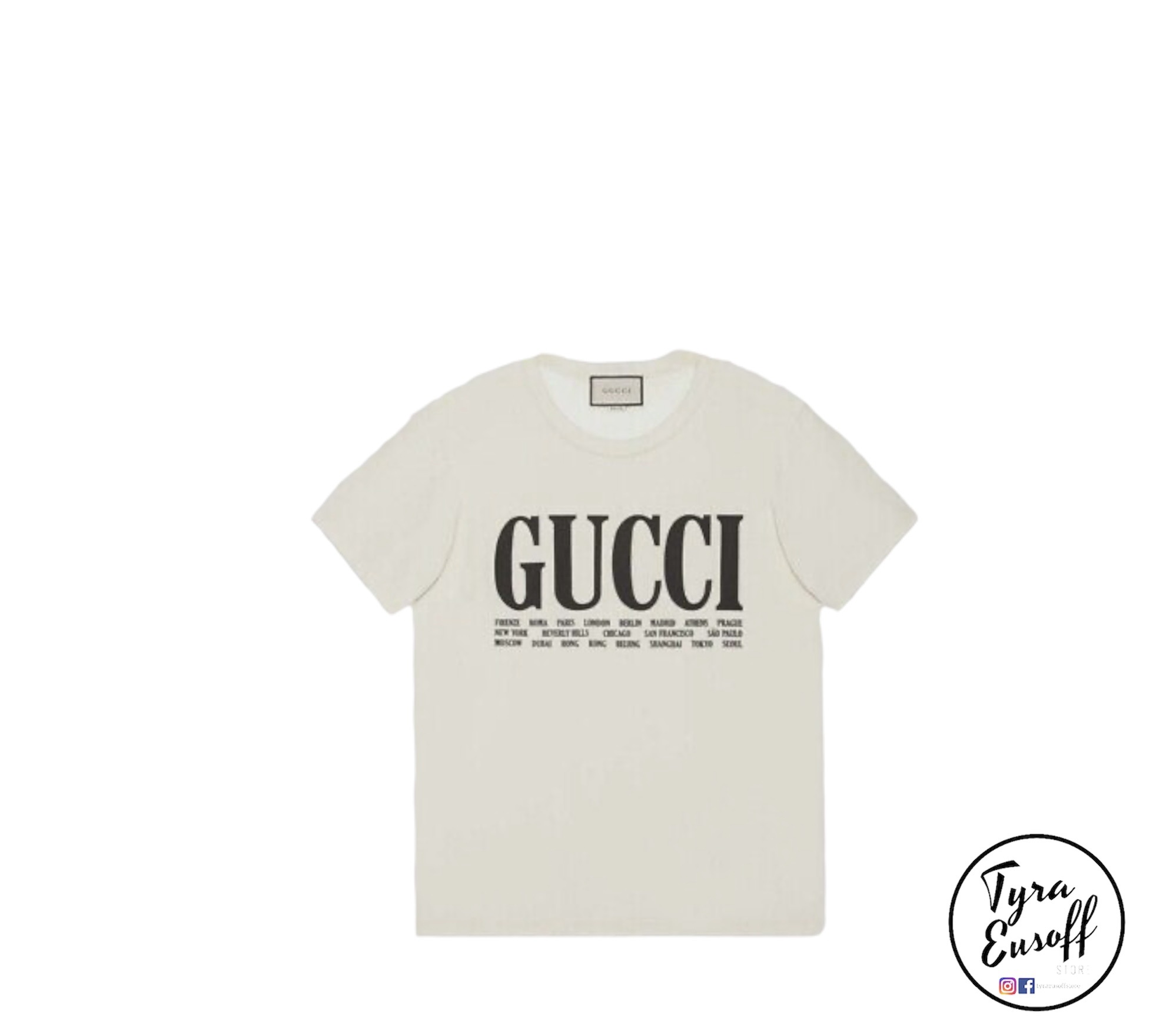 Gucci Cream Logo Cities Print Cotton Crew Neck Tee — Tyra Eusoff Store